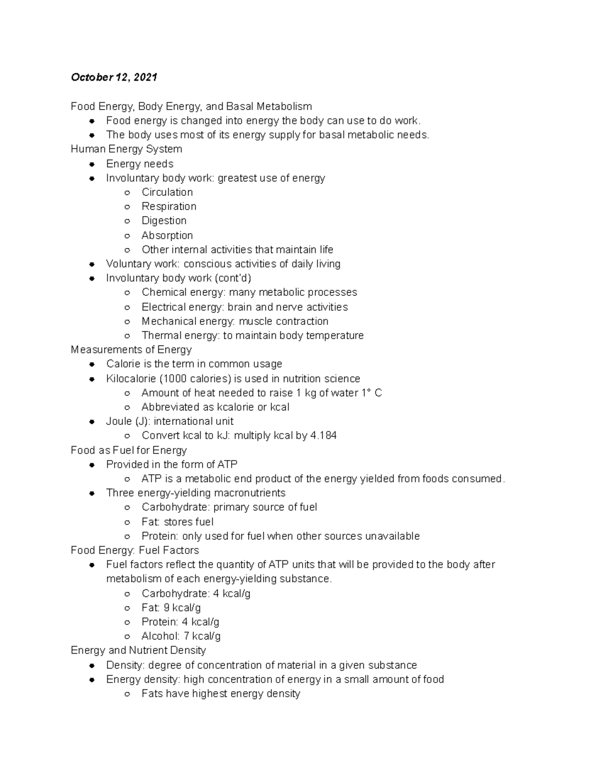 Chapter 9 Energy Balance and Fitness - October 12, 2021 Food Energy ...