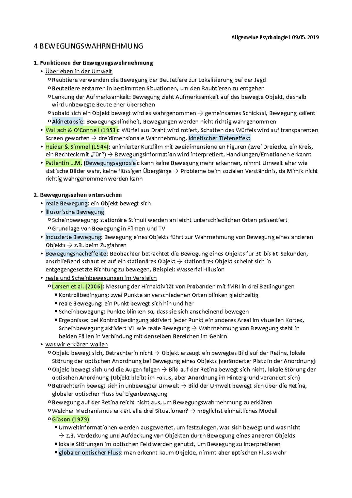 4 Bewegungswahrnehmung Allgemeine Psychologie l SS19 - Warning: TT: undefined function: 32 - Studocu