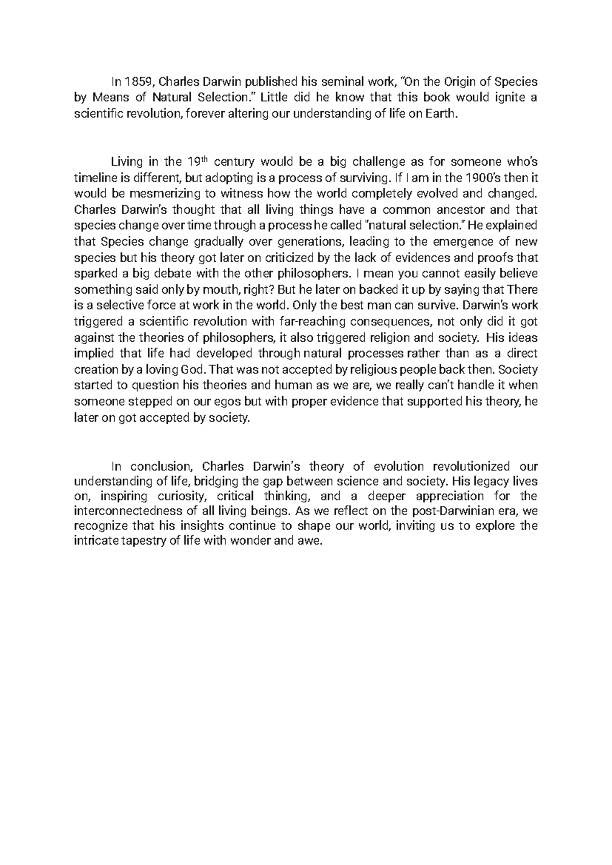 Exploring Evolution Essay - In 1859, Charles Darwin published his ...