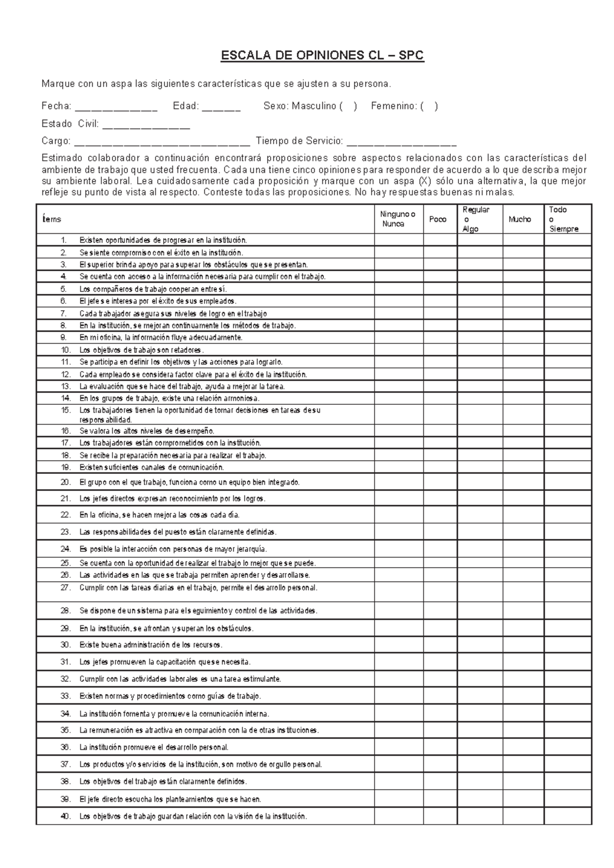 Encuesta clima y satisfaccion - ESCALA DE OPINIONES CL – SPC Marque con ...