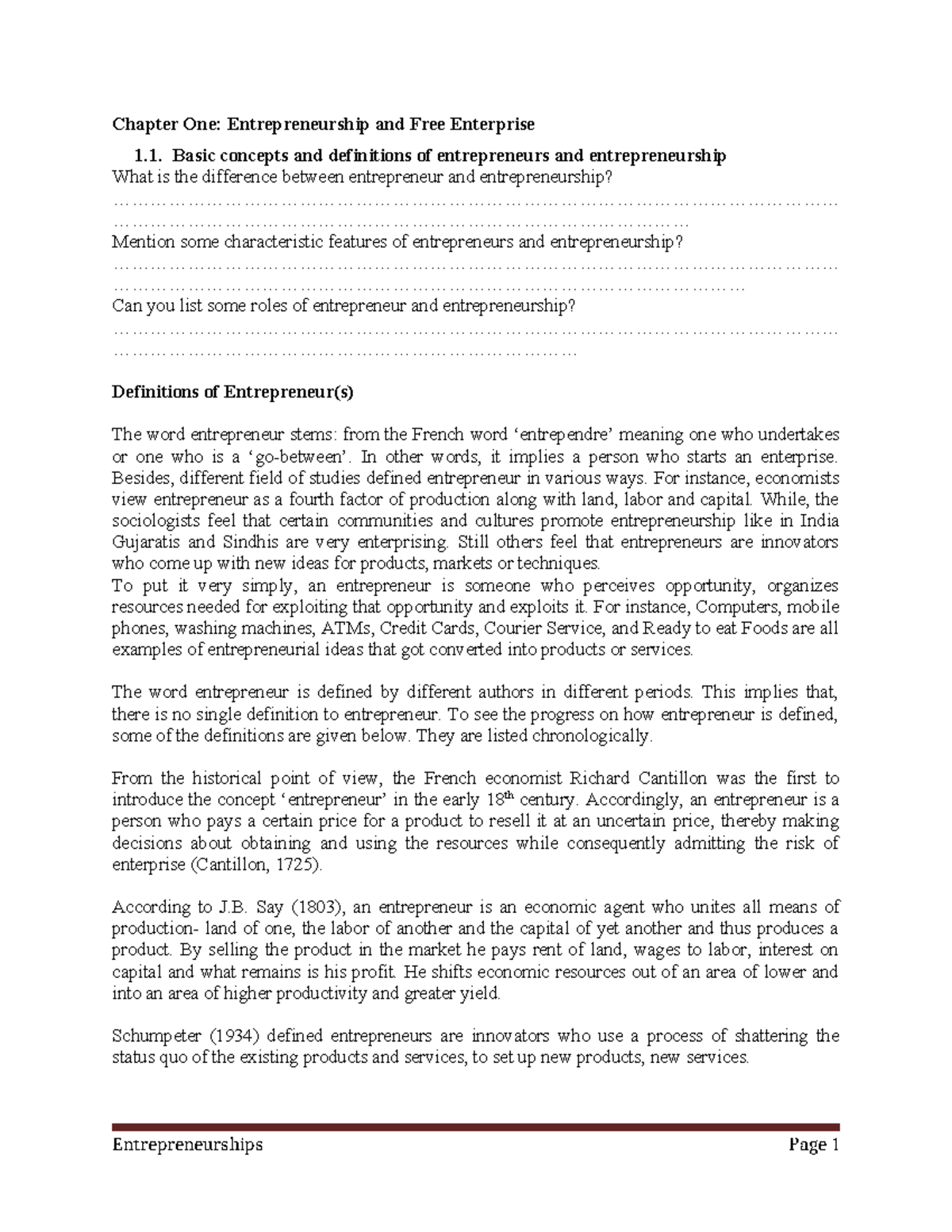 Enter- ch-1 - Chapter one - Chapter One: Entrepreneurship and Free ...