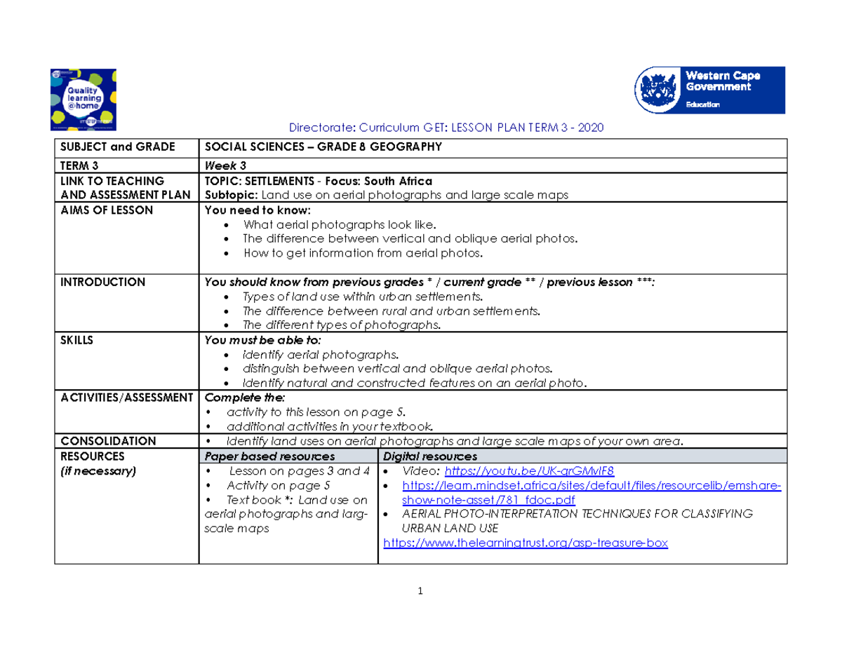 Geography Term 3 Week 3 - Directorate: Curriculum GET: LESSON PLAN TERM ...