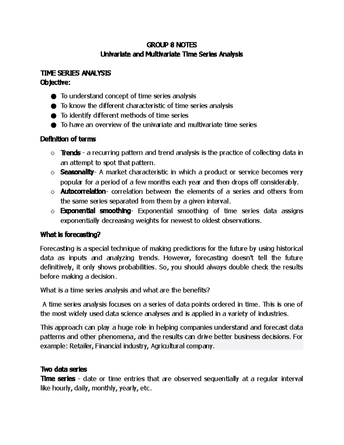 Univariate And Multivariate Time Series Analysis GROUP 8 NOTES