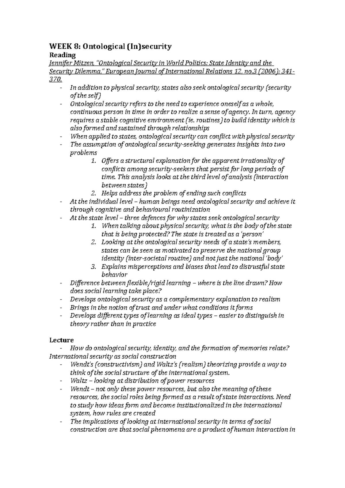 WEEK 8: Ontological (In)security - WEEK 8: Ontological (In)security ...