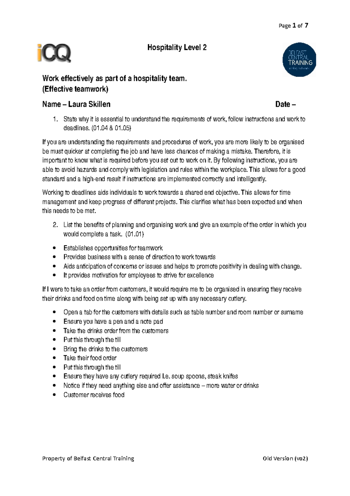 Working Effectively vo2 - Hospitality Level 2 Work efectively as part ...