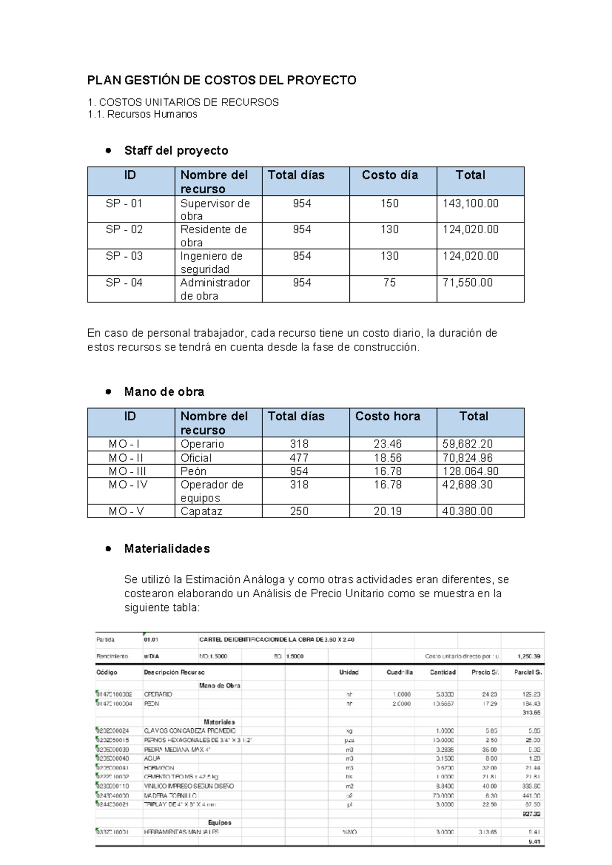 PLAN Gestión DE Costos DEL Proyecto - PLAN GESTIÓN DE COSTOS DEL ...