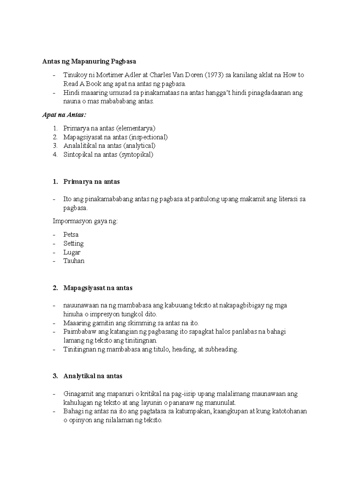 Pagbasa REV - Antas ng Mapanuring Pagbasa Tinukoy ni Mortimer Adler at ...