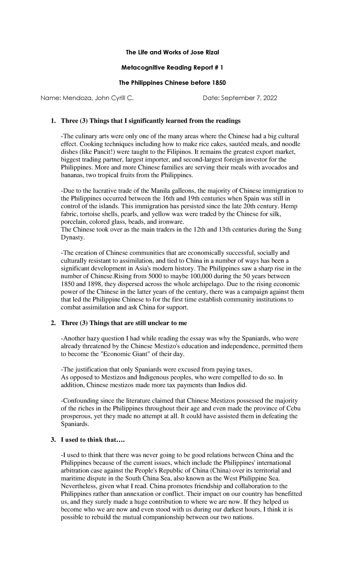 Mendoza MRR1 - mrr1 essay - The Life and Works of Jose Rizal Metacognitive Reading Report # 1 ...
