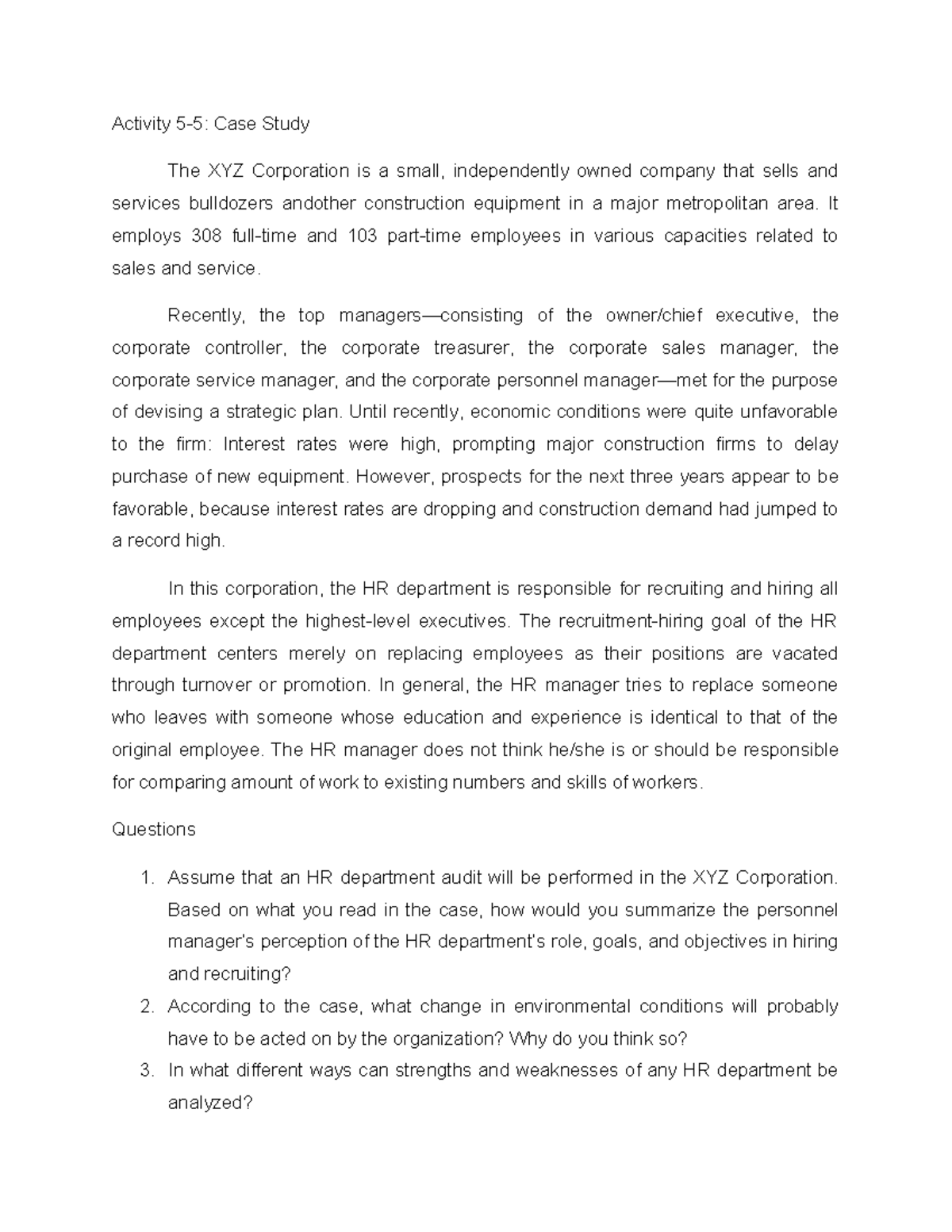 504657899 XYZ Corporation Case study - Activity 5-5: Case Study The XYZ ...