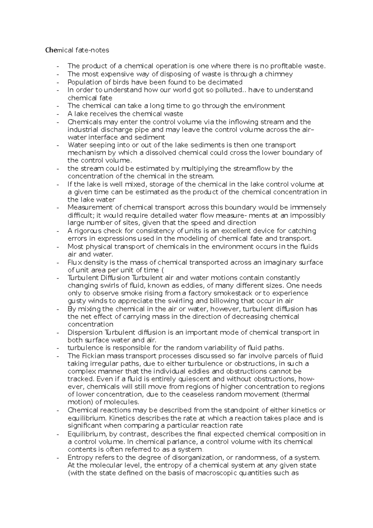 Chemical fate - Lecture notes 1 - Chemical fate-notes The product of a ...