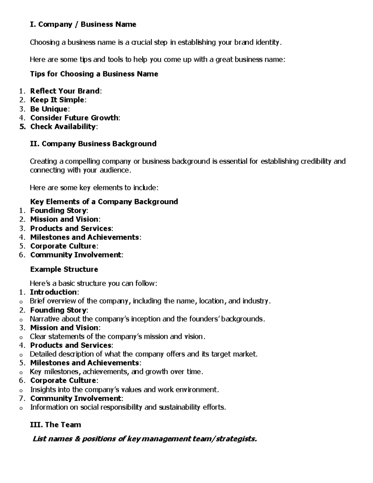 Business-Plan-Copy - A reference - I. Company / Business Name Choosing ...