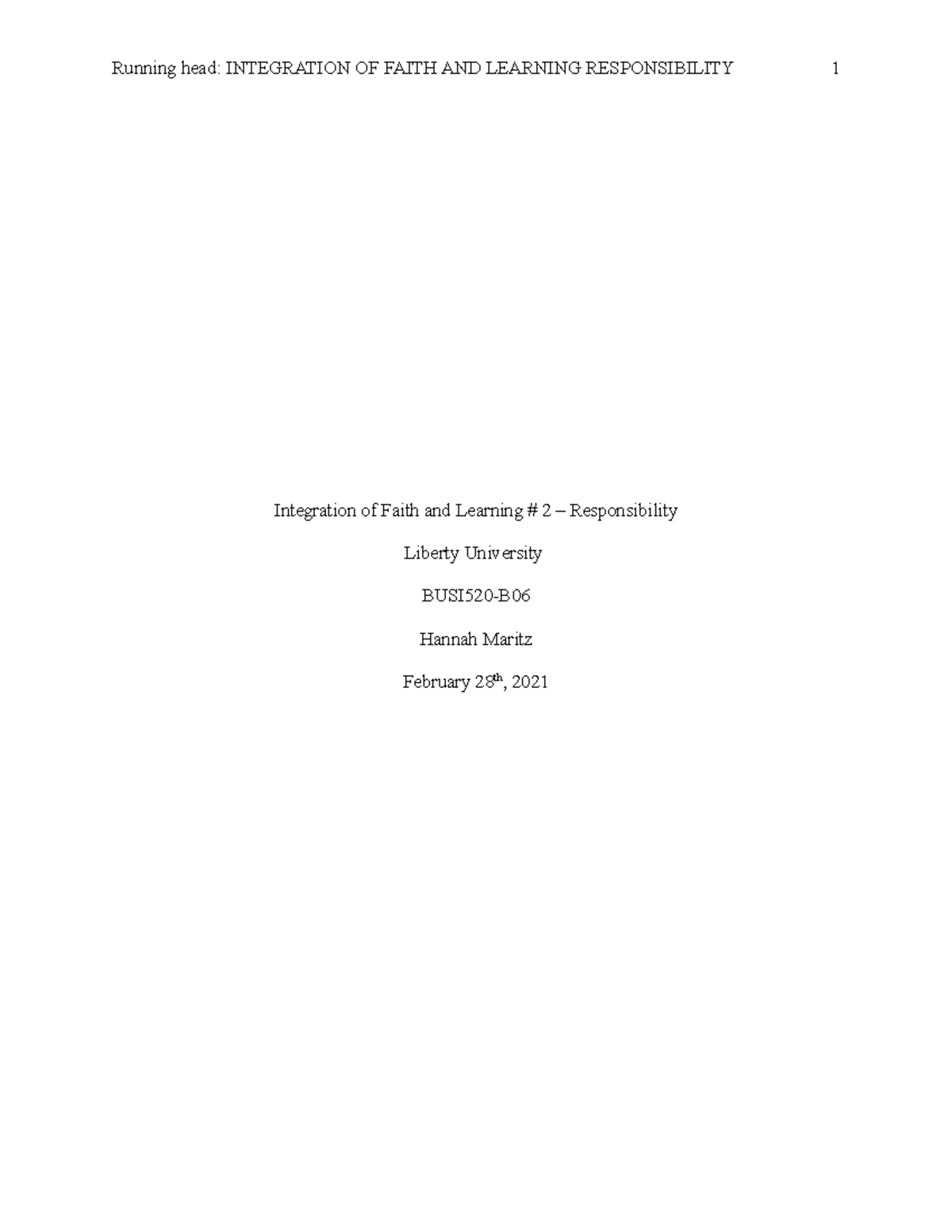 IFL 2 - Integration of Faith and Learning: Responsibility Assignment ...