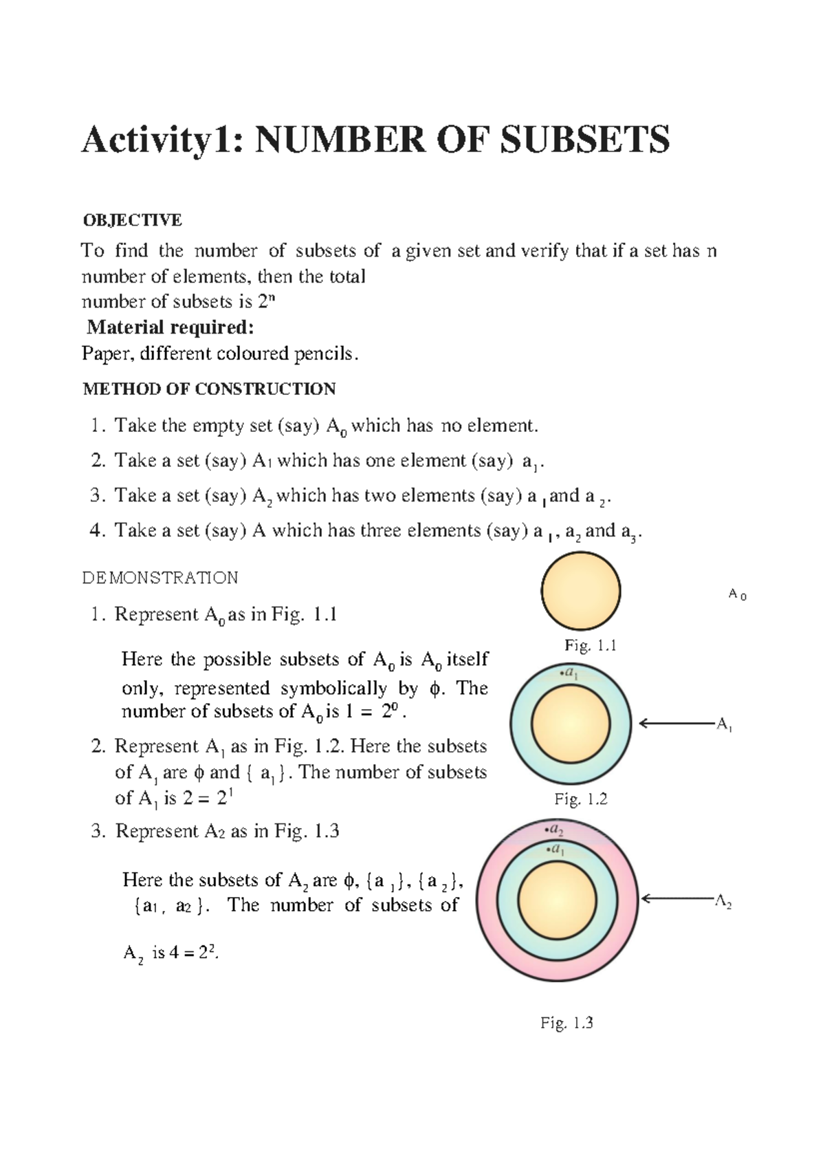 Xi math activity no - 2 Activity1: NUMBER OF SUBSETS OBJECTIVE To find the number of subsets of ...