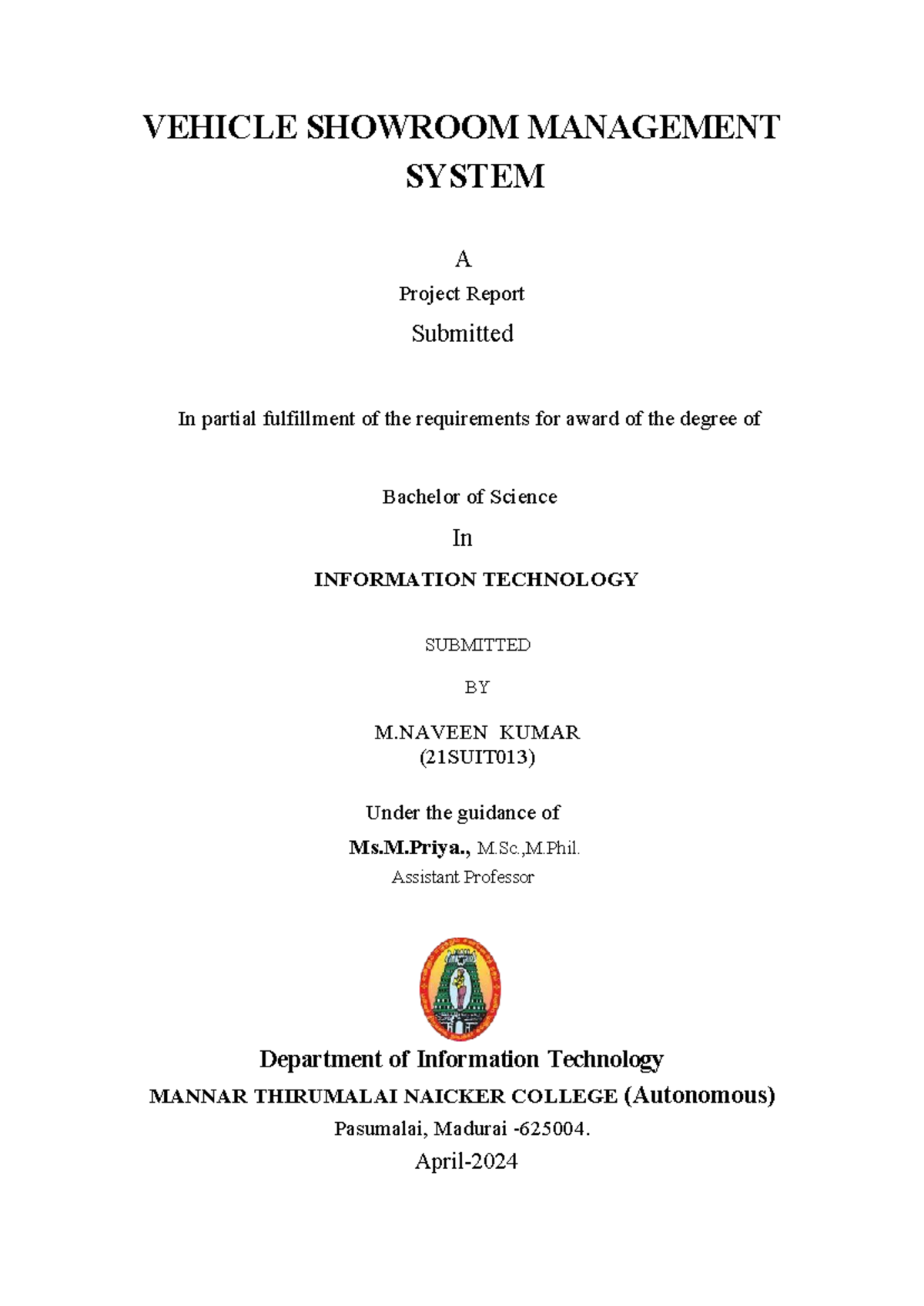 Naveen Projects - VEHICLE SHOWROOM MANAGEMENT SYSTEM A Project Report ...