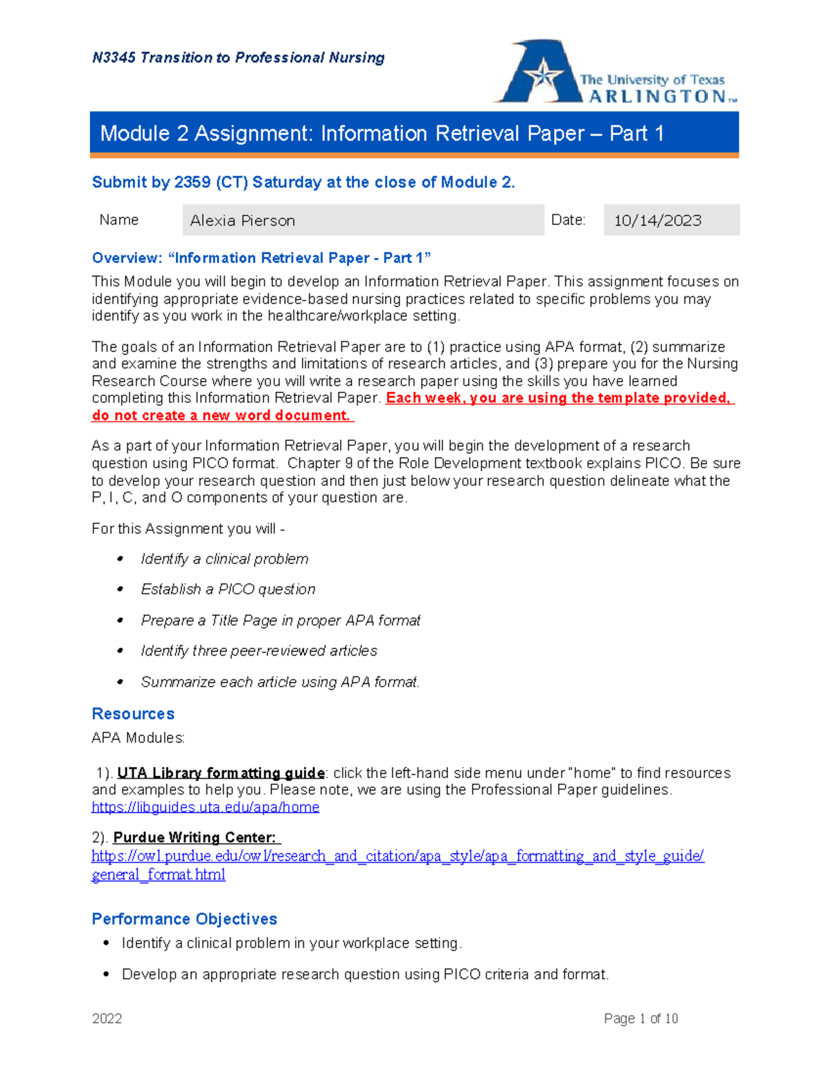 Role Transition - Submit by 2359 (CT) Saturday at the close of Module 2 ...