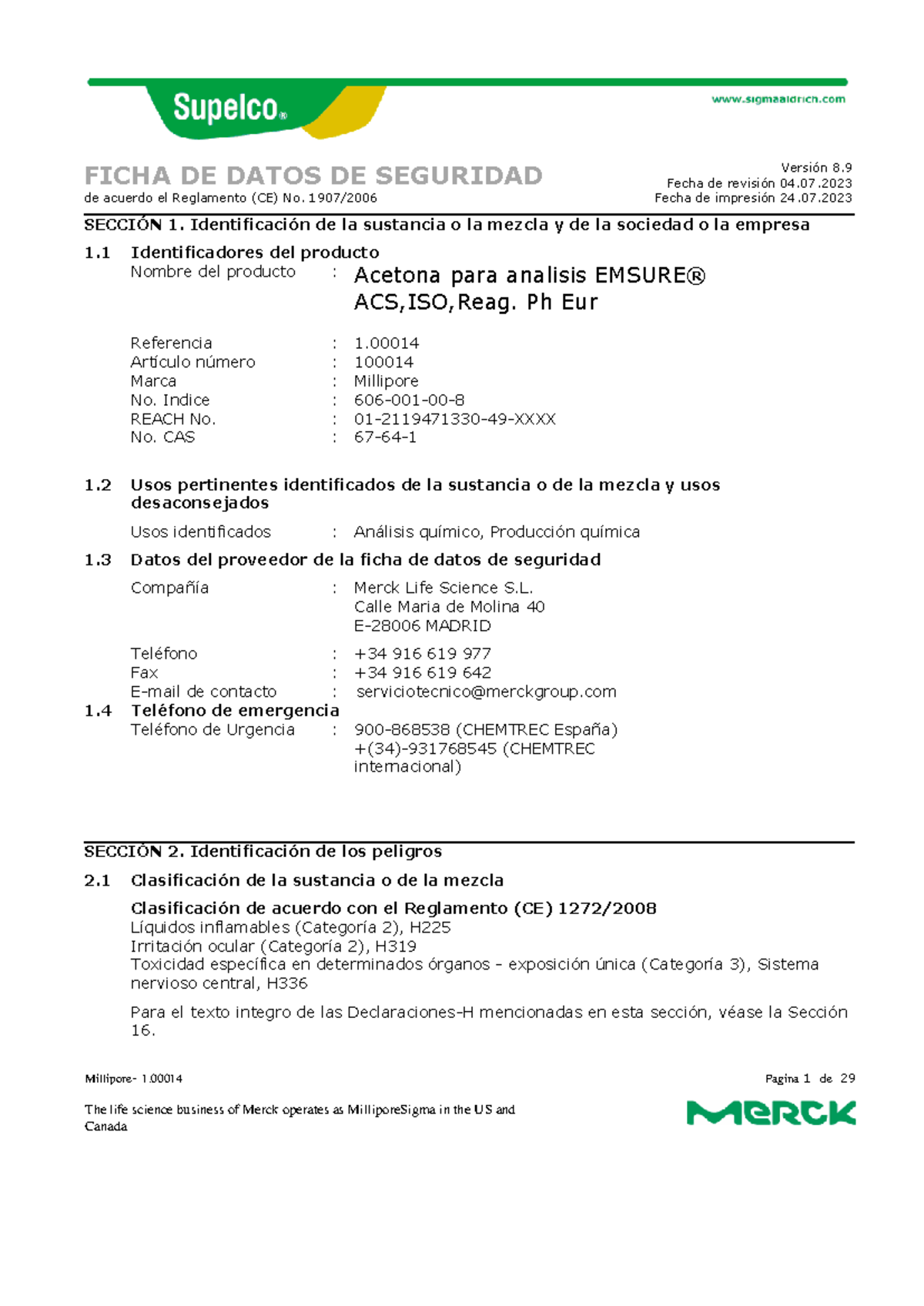 100014 SDS ES ESfs - Millipore- 1 Pagina 1 de 29 The life science ...