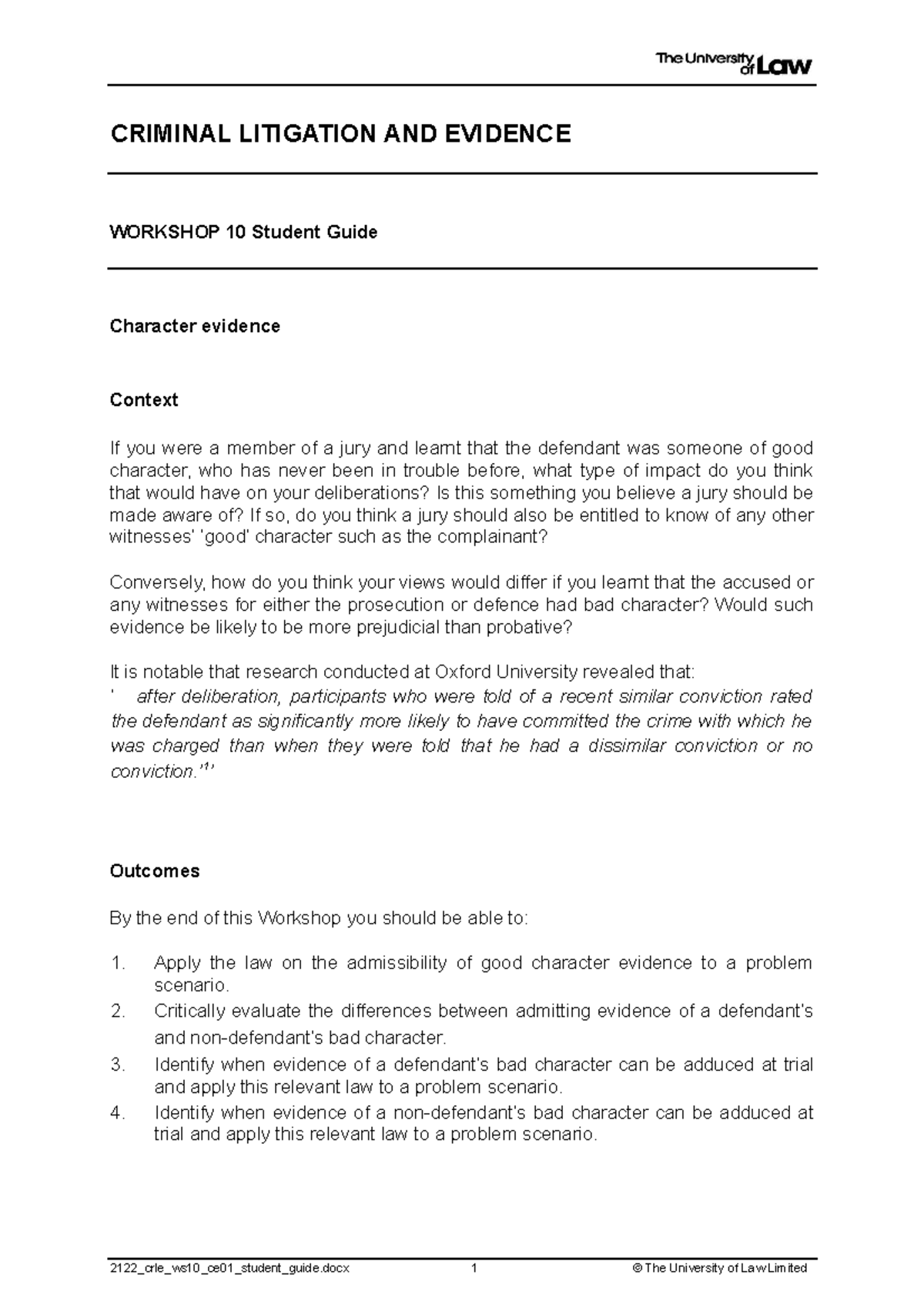 CLE WS 10 - notes - CRIMINAL LITIGATION AND EVIDENCE WORKSHOP 10 ...