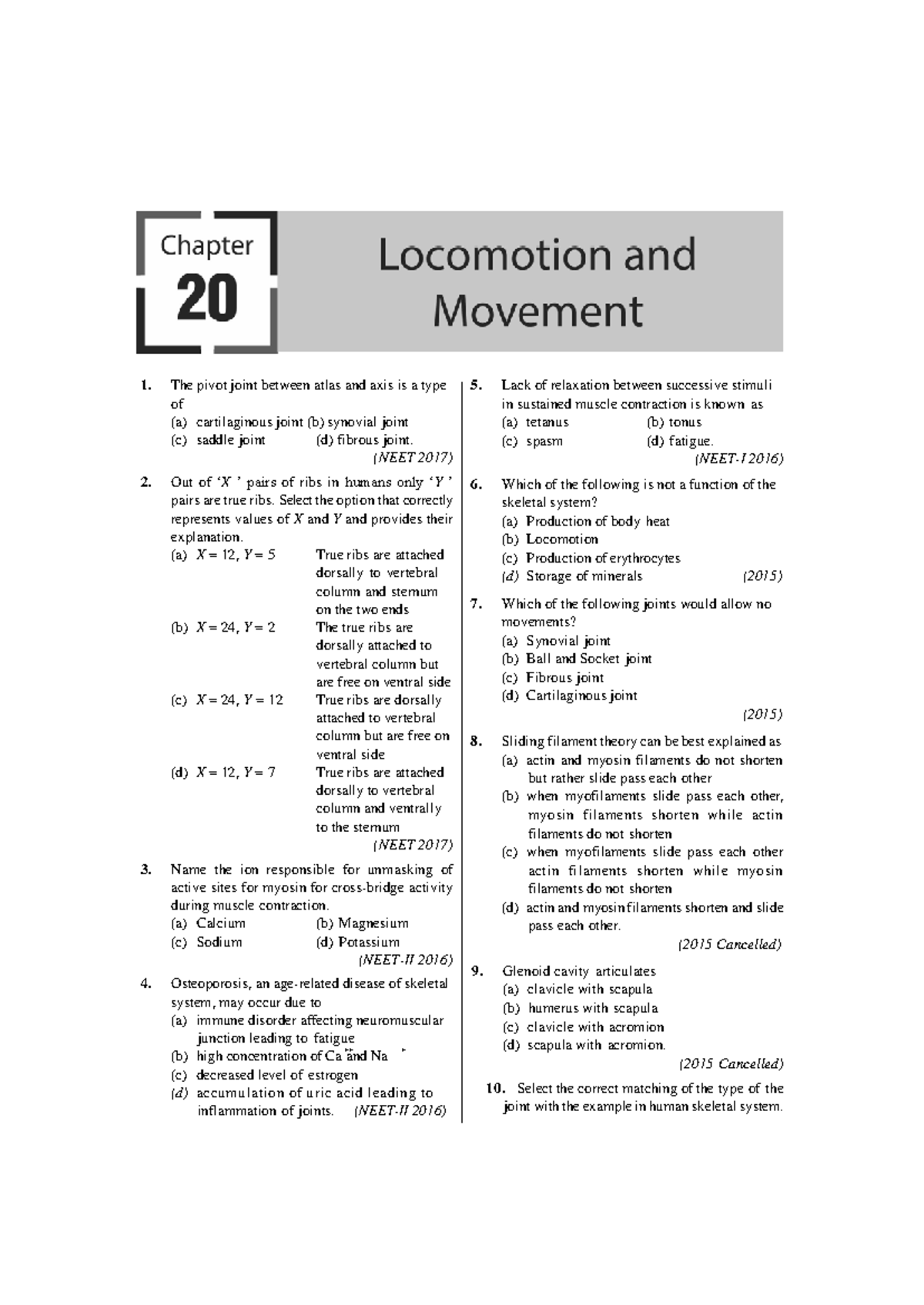 Locomotion and Movement MCQ for various competitive examinations across ...
