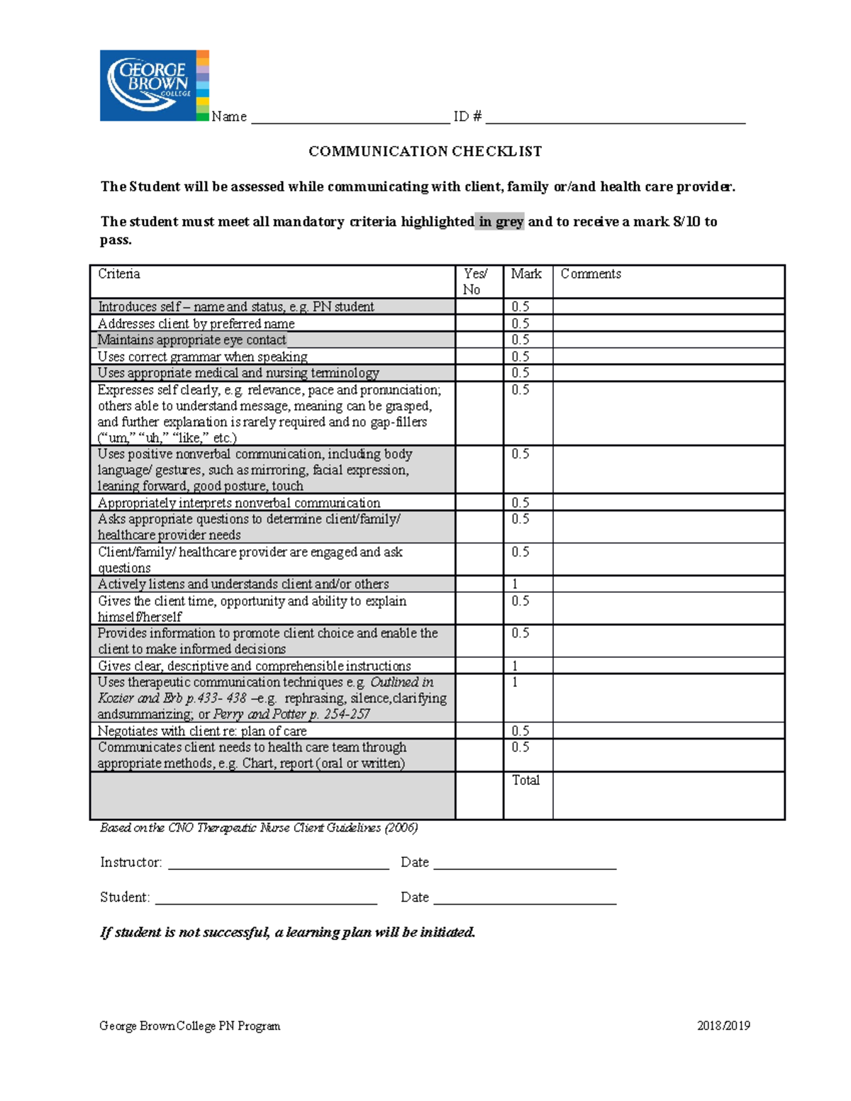 Communication Checklist - Name __________________________ ID