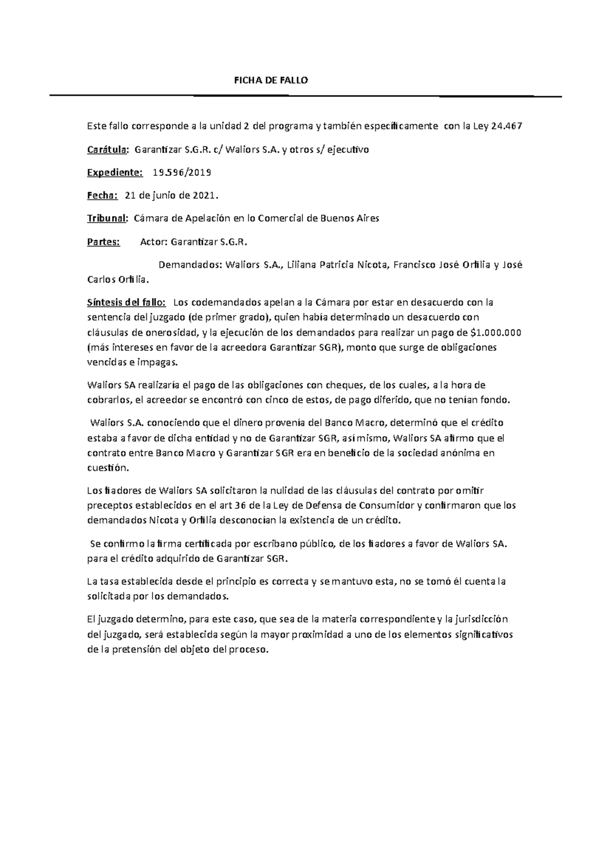Fallo Garantizar SGR - FICHA DE FALLO Este fallo corresponde a la unidad 2 del programa y ...