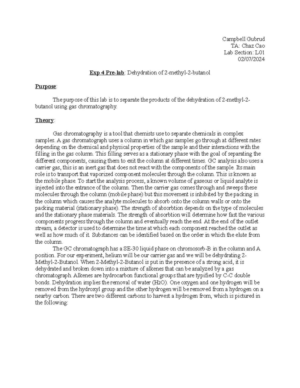 4Pre Lab - Pre lab for experiment 4 - Campbell Gubrud TA: Chaz Cao Lab ...