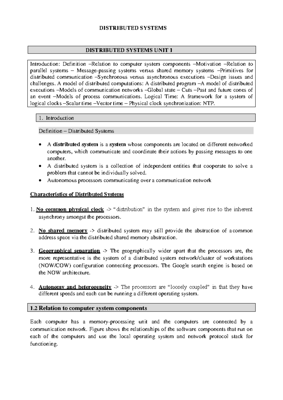 Distributed Systems R19 - UNIT-1 - Introduction: Definition – Relation to computer system ...