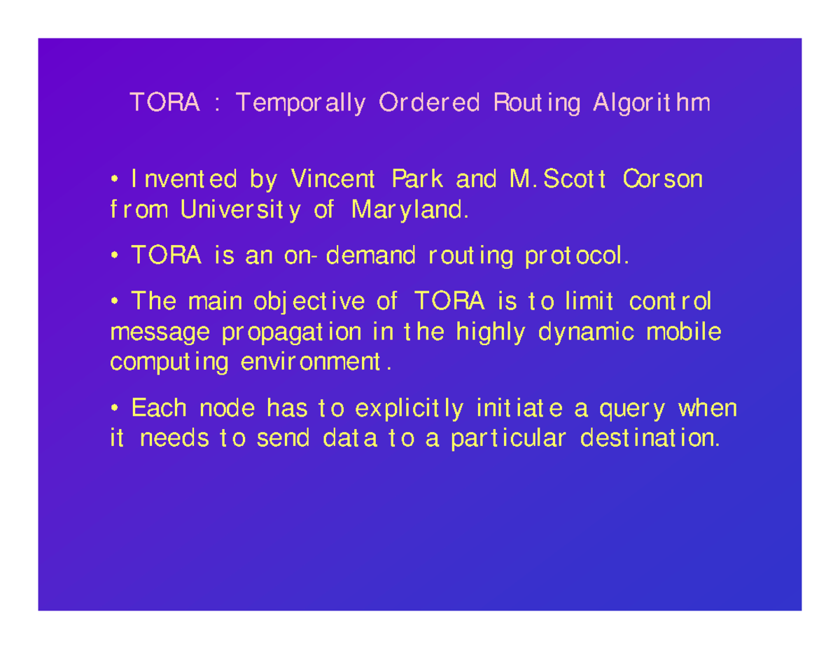 Tora - Lecture notes 2-3 - T ORA : T empor ally Or der ed Rout ing ...