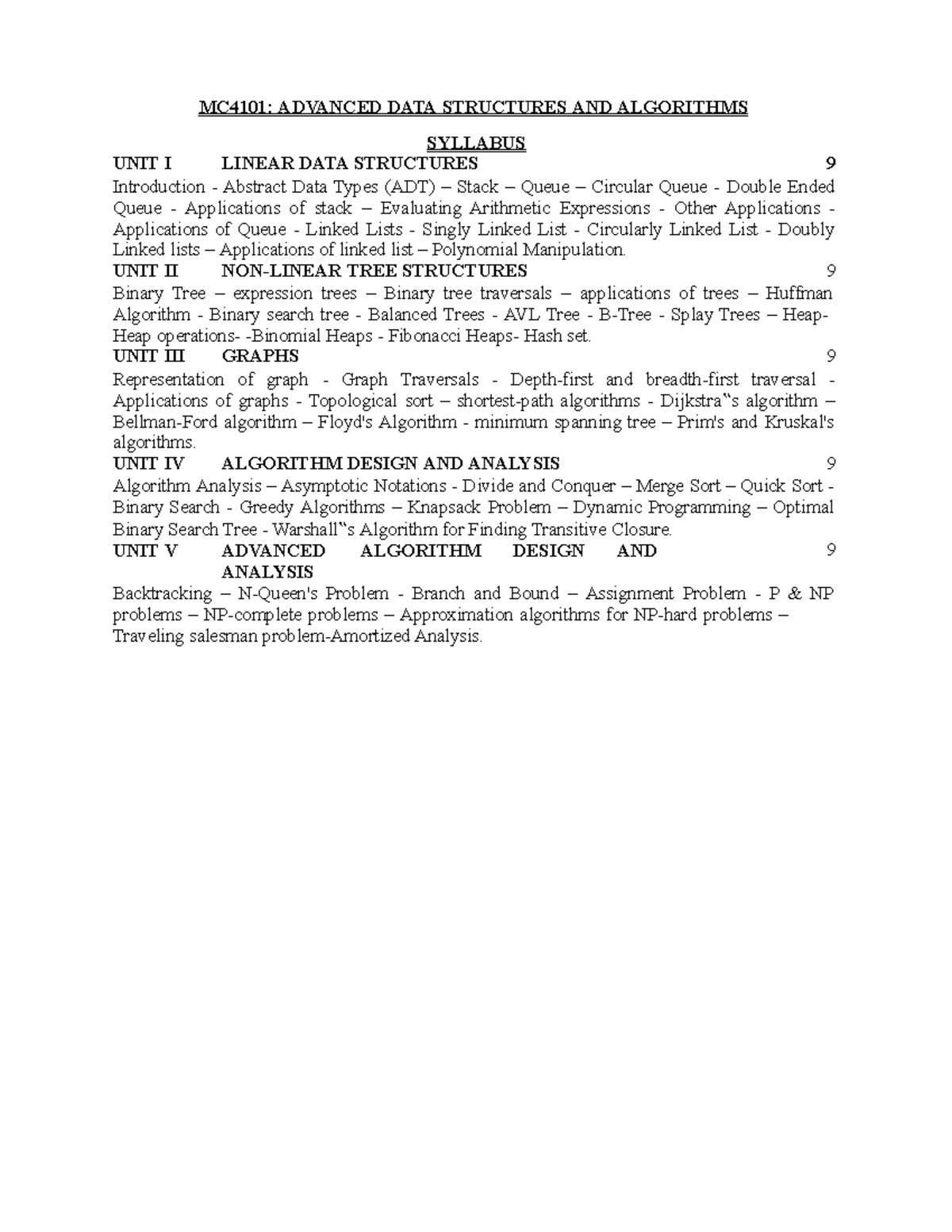 Mc4101 Adsa 1 5 Units Notes Mc4101 Advanced Data Structures And Algorithms Syllabus Unit I