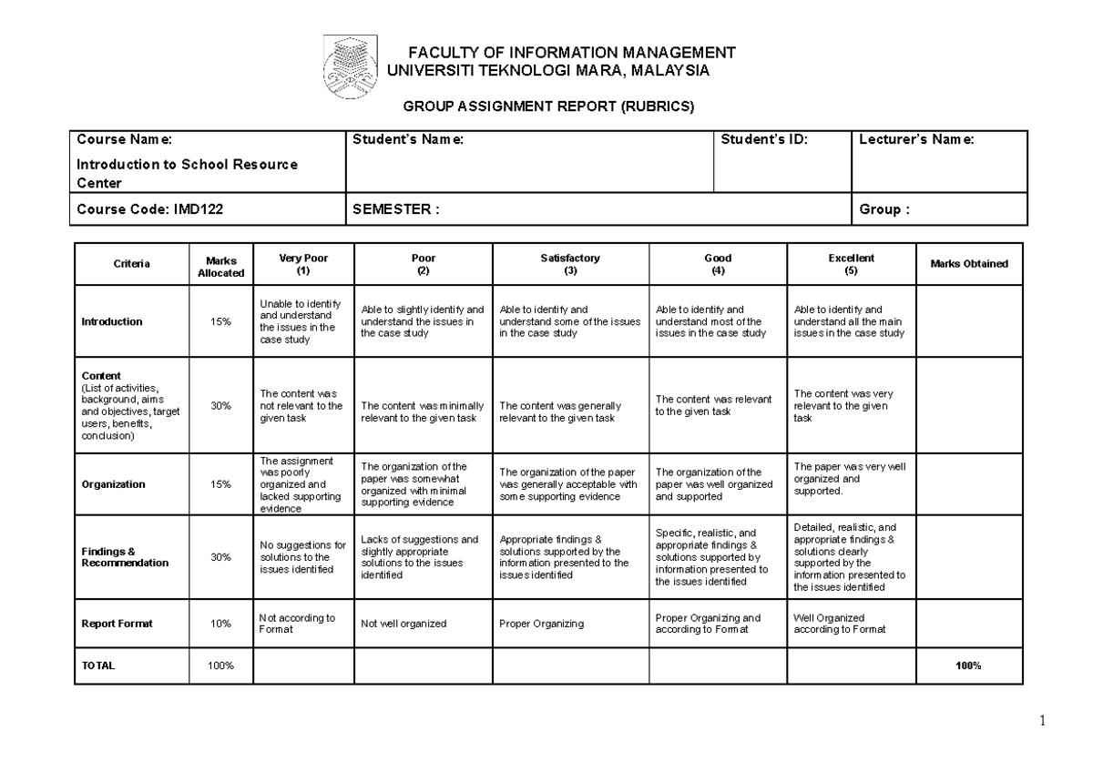 Group Report Rubrics - just a guideline - FACULTY OF INFORMATION ...
