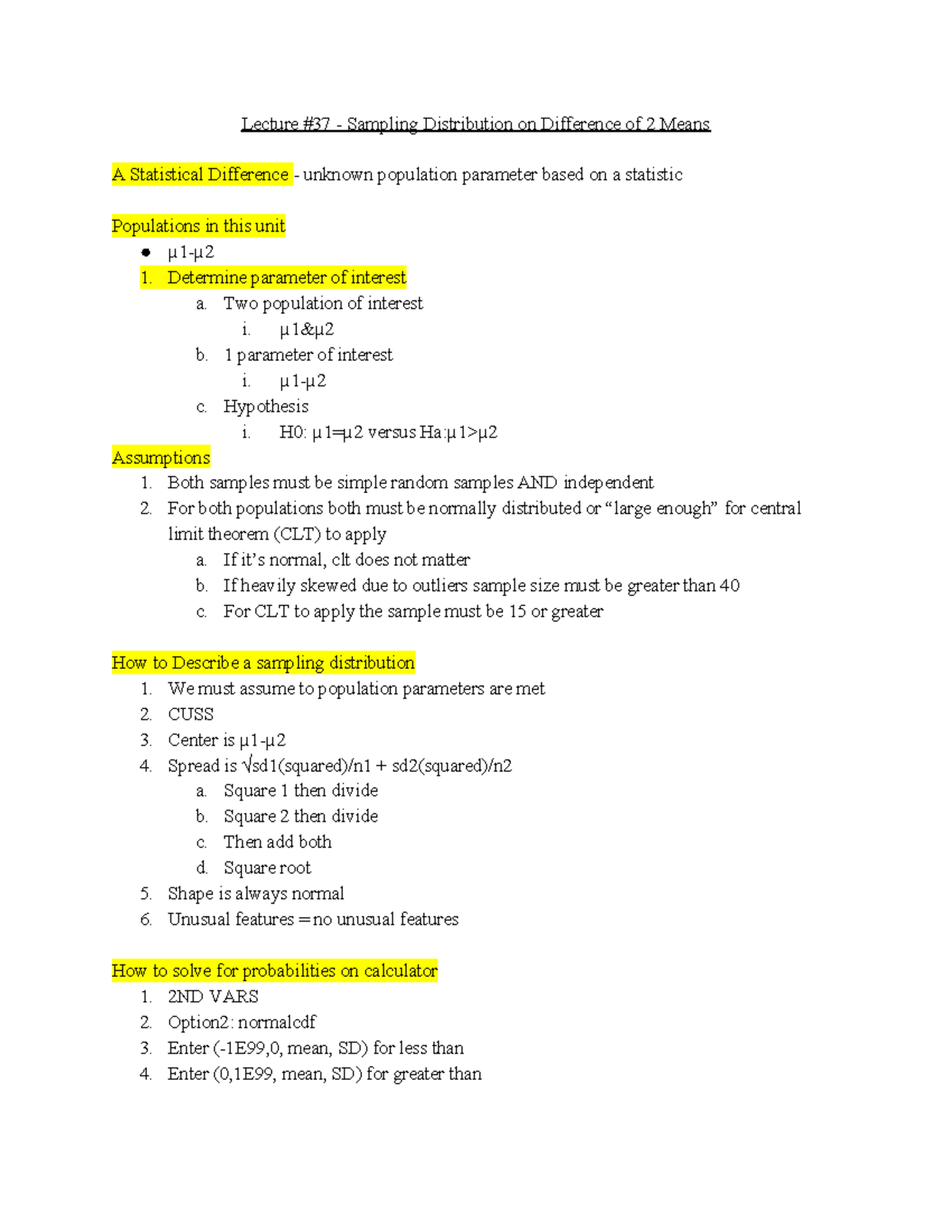 Test 7 Notes Stat 210 - Lecture Sampling Distribution on Difference of ...