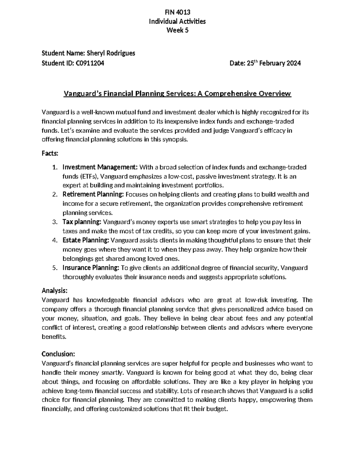 FIN 4013 Week 5 - class assignment - FIN 4013 Individual Activities Week 5 Student Name: Sheryl ...