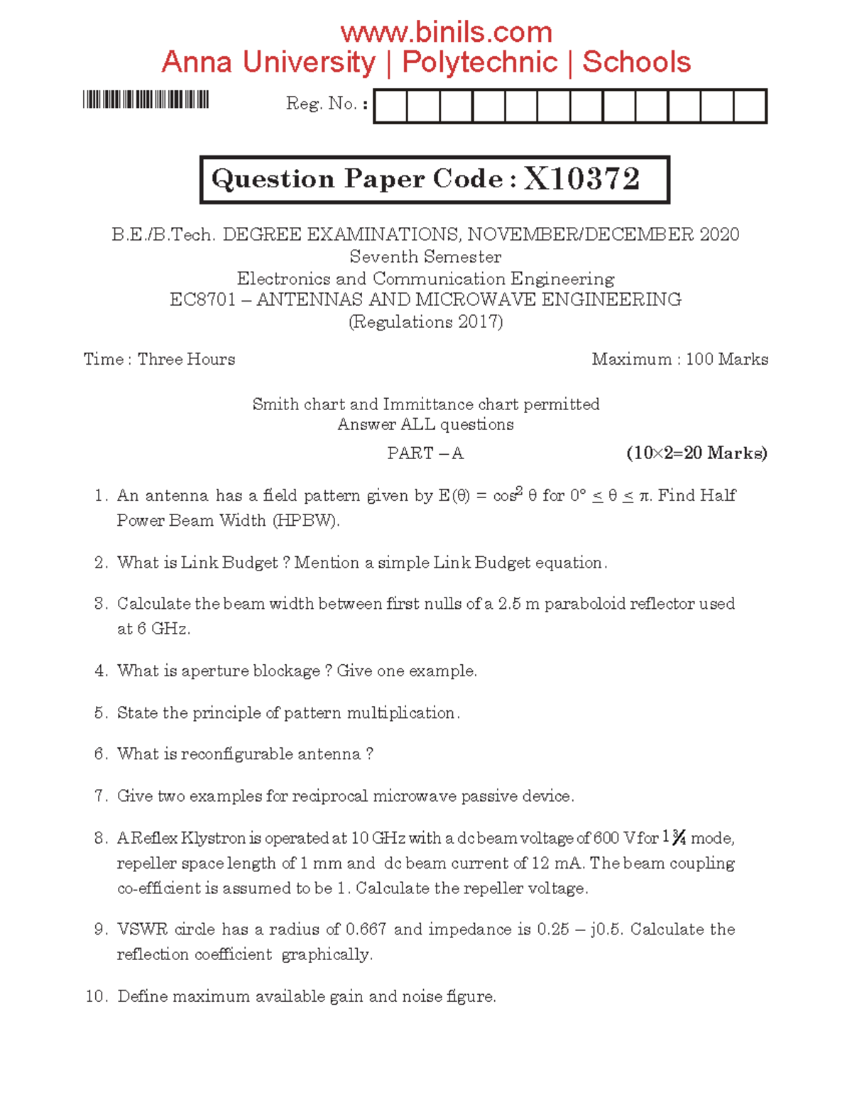 X10372 EC8701 Watermark - X10372 Reg. No. : Question Paper Code : X B ...