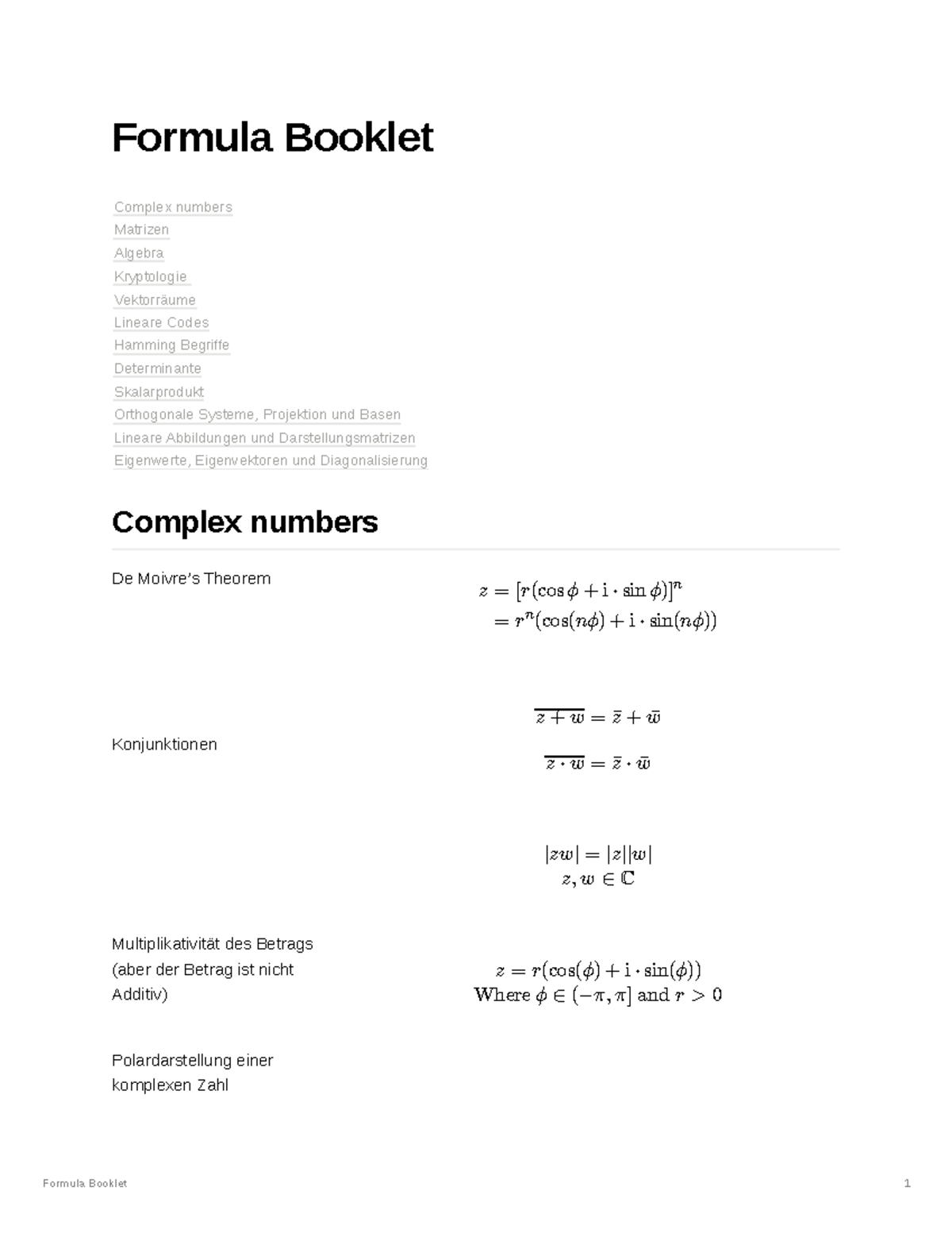 Formula Booklet - Formula Booklet Complex numbers De Moivre’s Theorem ...
