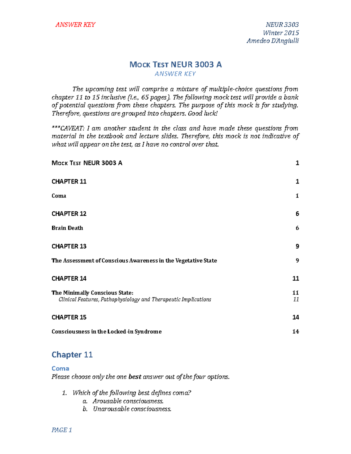 Sample/practice exam 2015, questions and answers - ANSWER KEY NEUR 3303 ...