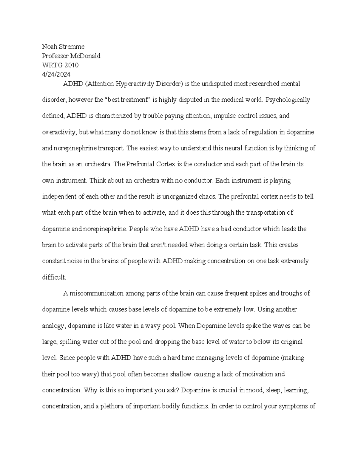 ADHD Argumentitive Essay - Noah Stremme Professor McDonald WRTG 2010 4 ...