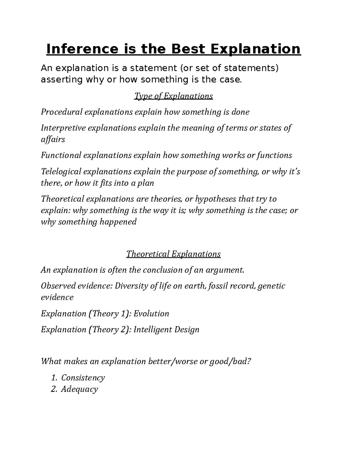 Philosophy Chapter 9 Inference - Inference is the Best Explanation An explanation is a statement ...