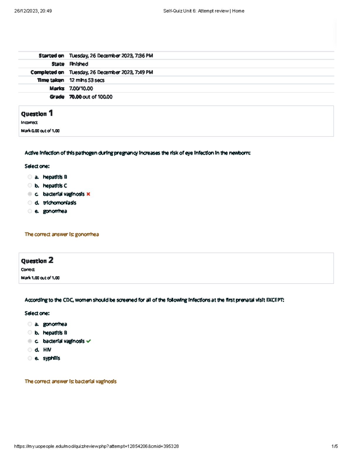Self Quiz Unit 6 Attempt Review 10 Started On Tuesday 26 December 2023 7 36 Pm State