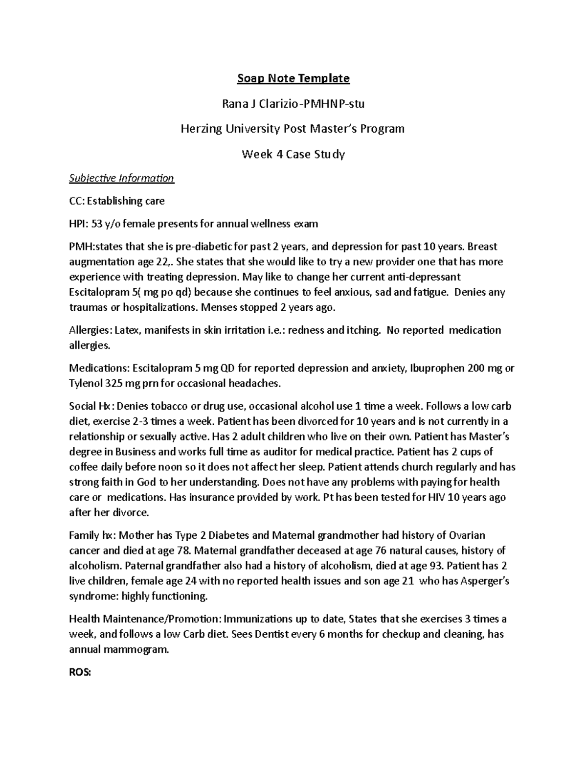 NU 610 Week 4 Case study - Soap Note Template Rana J Clarizio-PMHNP-stu ...
