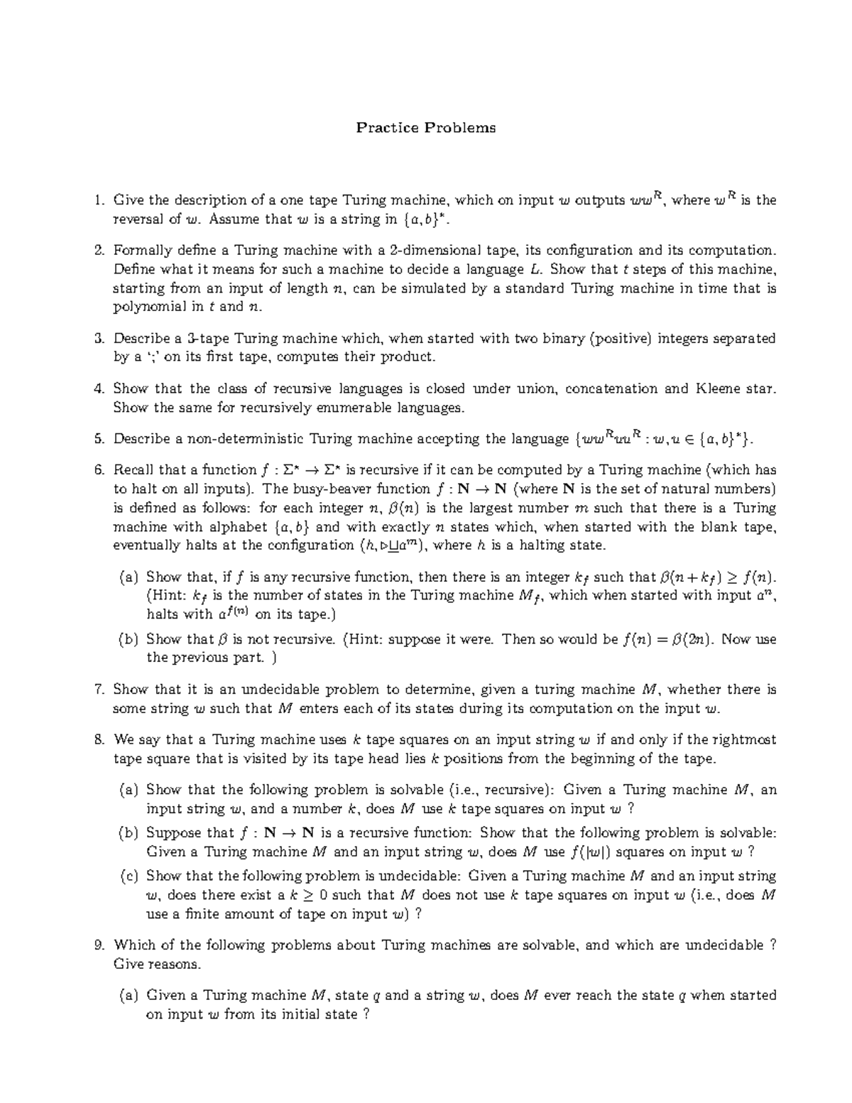 Practice turing - Practice Problems Give the description of a one tape ...