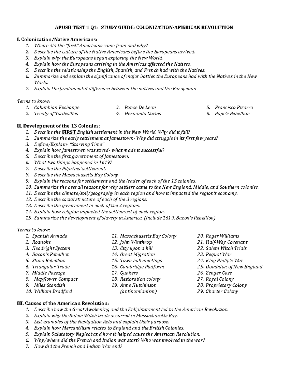 Study+ Guide+TEST+Q1+1492-1783 - APUSH TEST 1 Q1: STUDY GUIDE ...