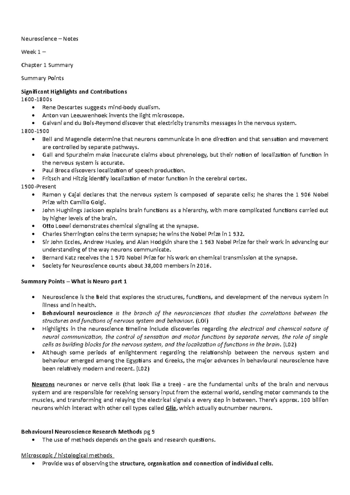 Neuroscience Study Notes - Neuroscience – Notes Week 1 – Chapter 1 ...