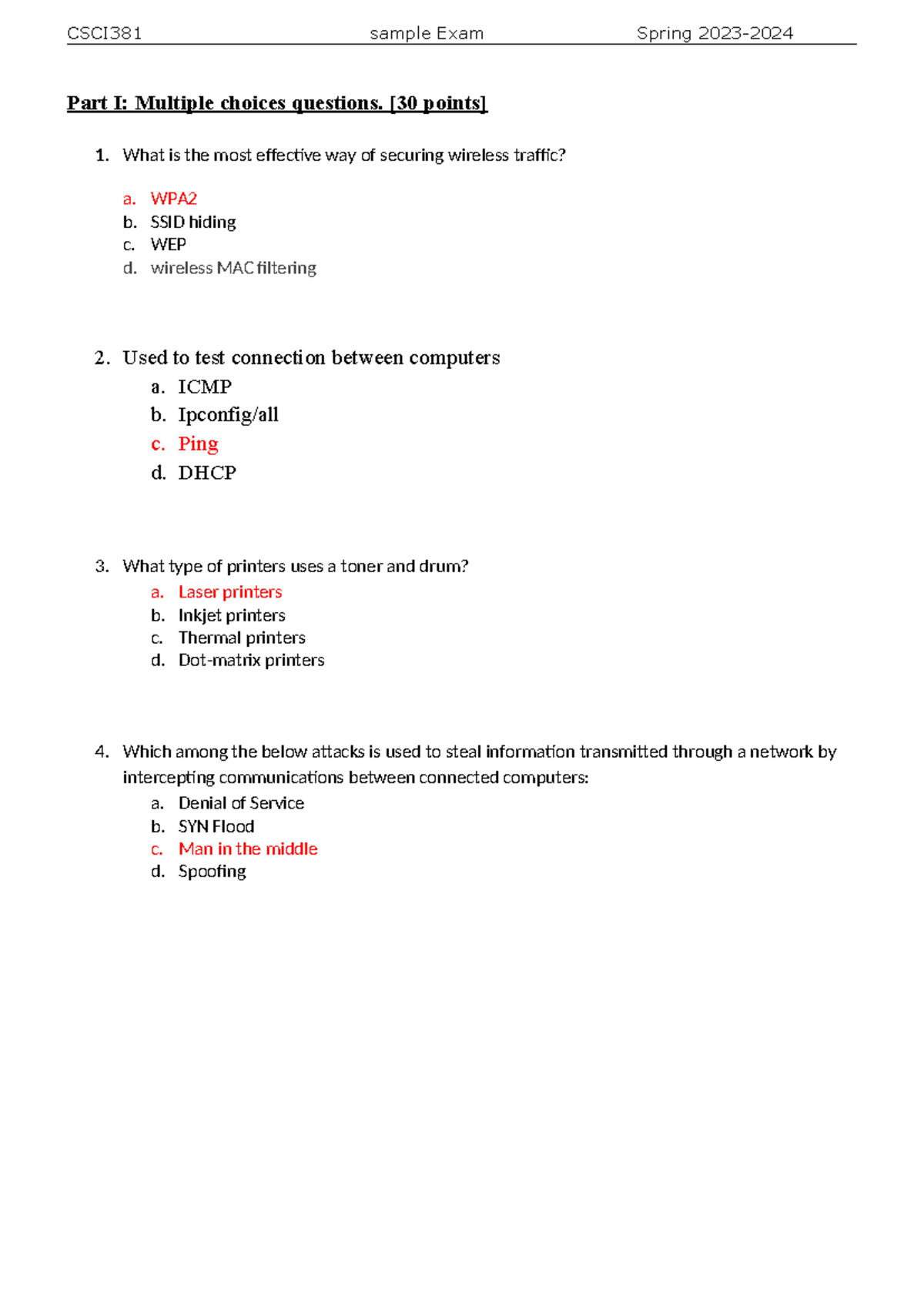 CSIT381-A-sample exam - CSCI381 sample Exam Spring 2023- Part I: Multiple choices questions. [30 ...
