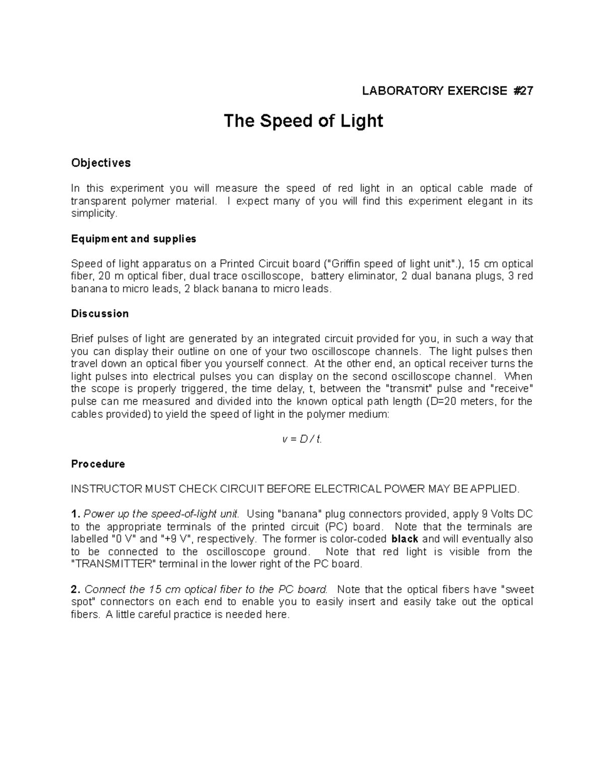 Lab ex 27 The Speed of Light with data sheet - LABORATORY EXERCISE The ...