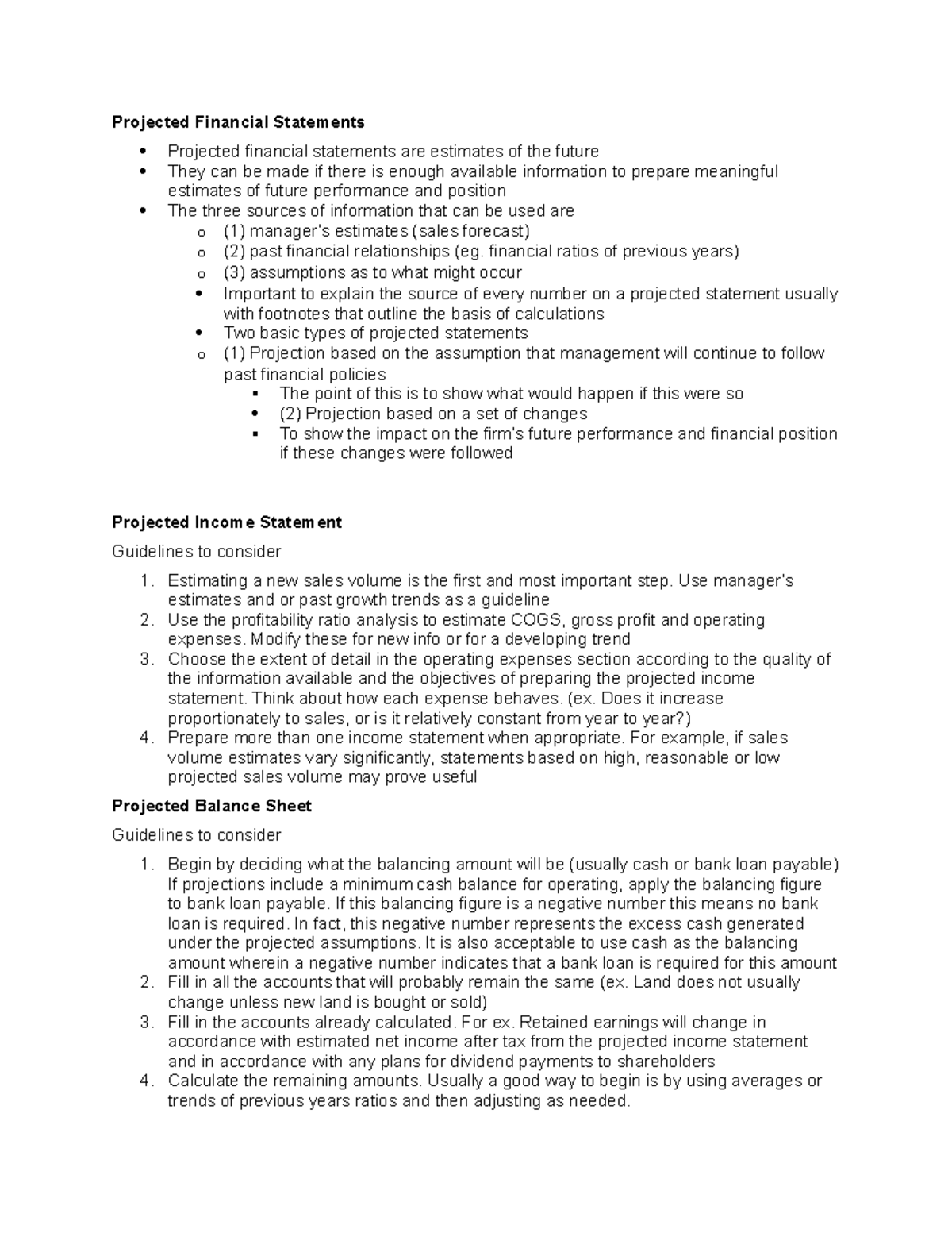 Finance notes - ewjfhbwehjfv - Projected Financial Statements Projected ...