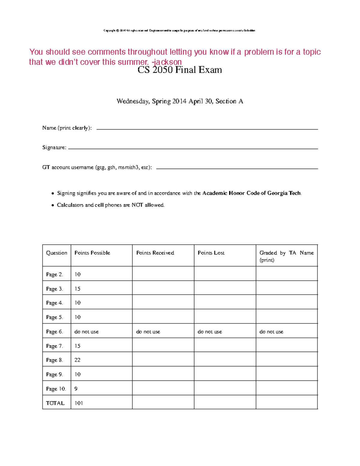 Old Final - Exam Solutions - CS 2050 Final Exam Wednesday, Spring 2014 ...