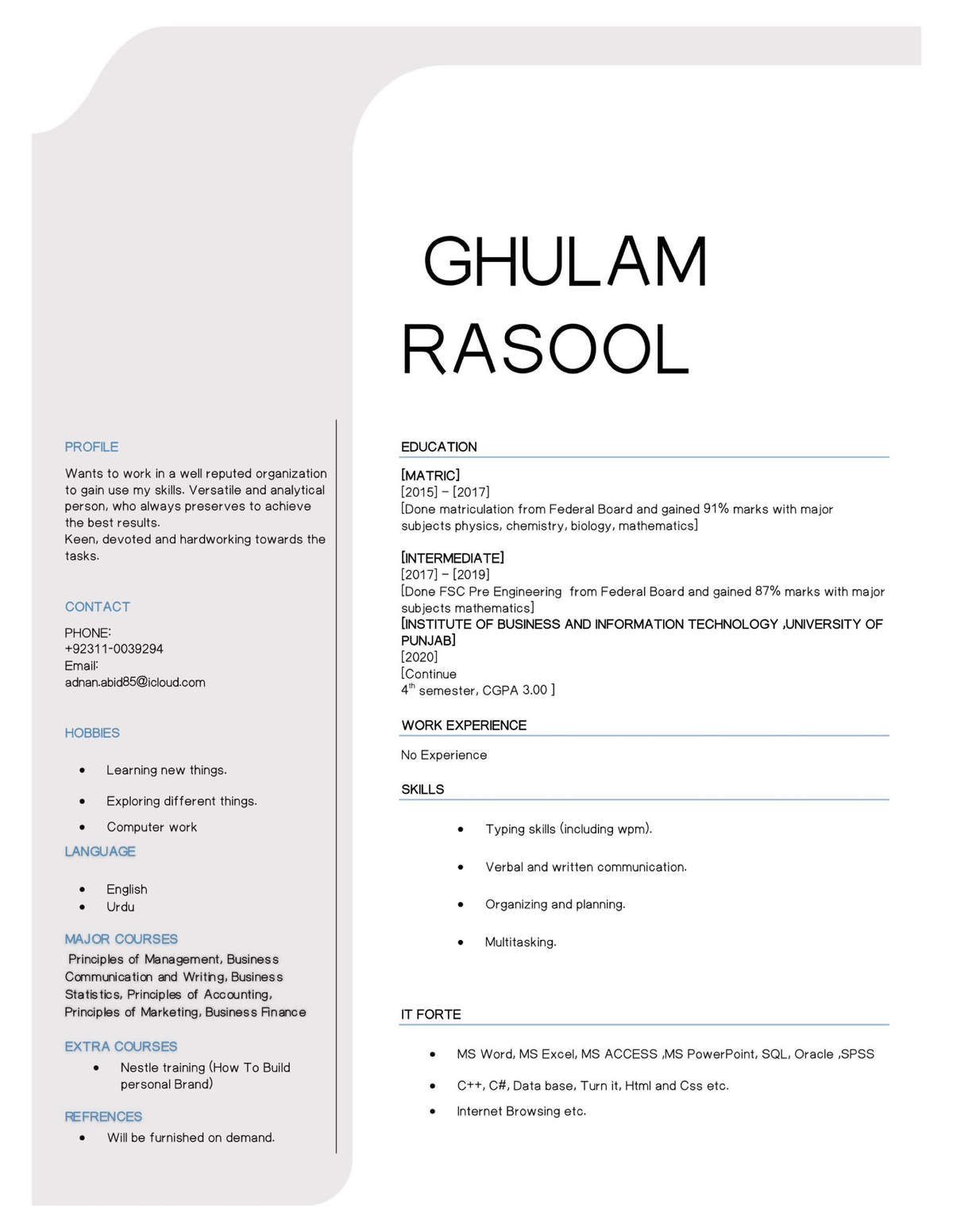 Ghulam Rasool CV - Nothing - Business Finance - Studocu