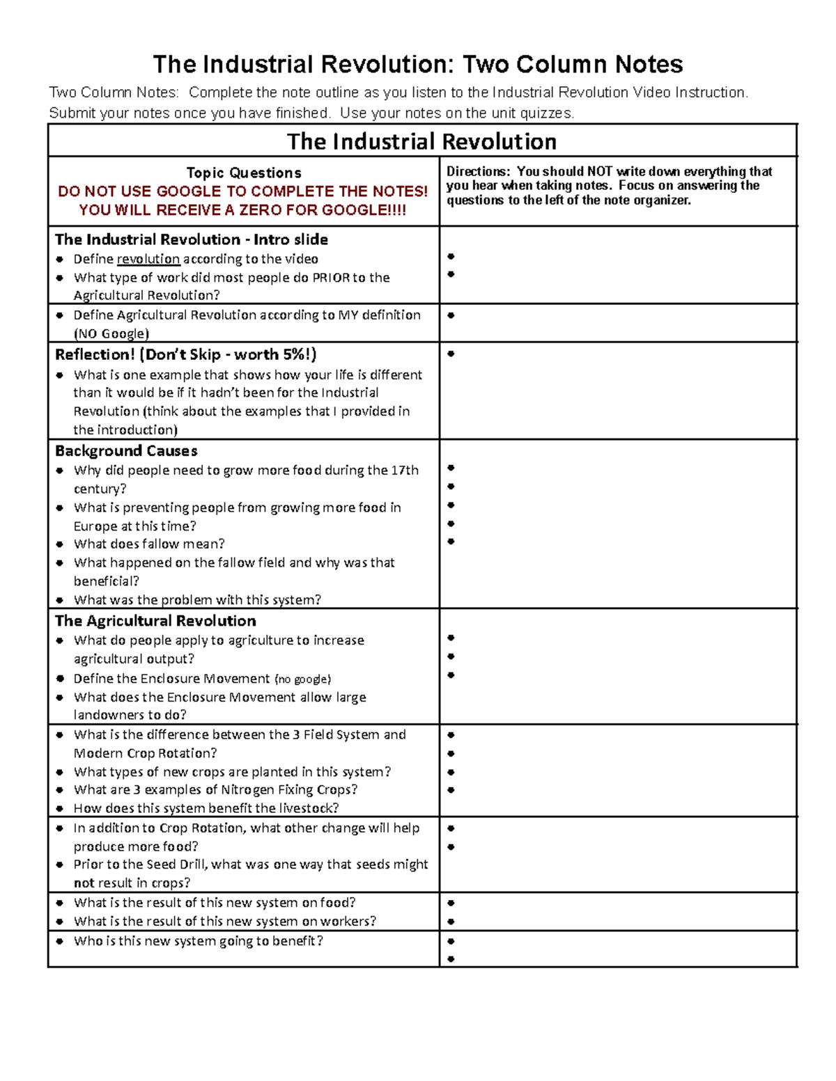 1. Student Copy Industrial Revolution 2 Column Notes - The Industrial ...