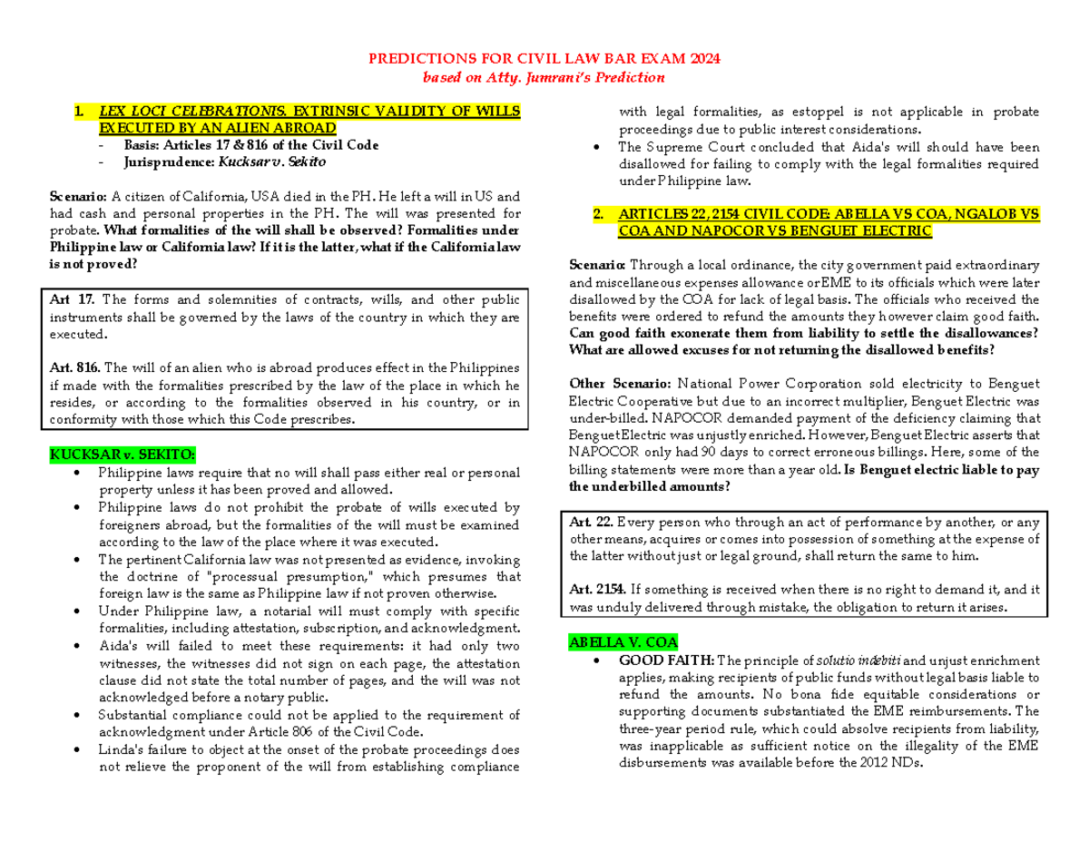 Predictions Atty. Jumrani - PREDICTIONS FOR CIVIL LAW BAR EXAM 2024 based on Atty. Jumrani’s ...
