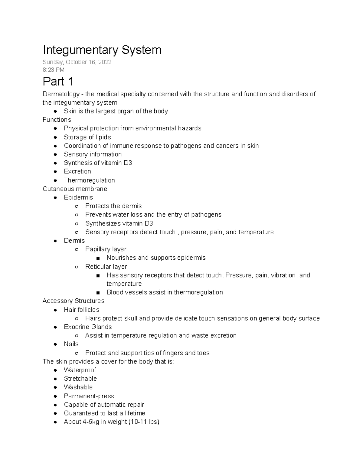 Integumentary System - Notes on the skin - Integumentary System Sunday ...
