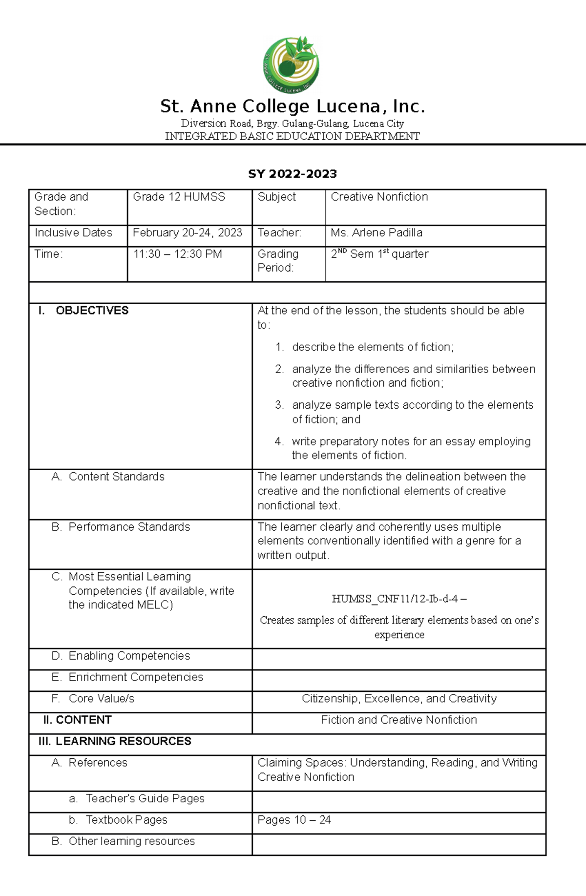 Sample LP for FS 2 - lesson plan - St. Anne College Lucena, Inc ...